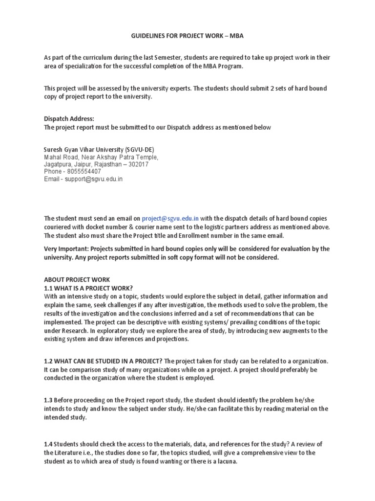 Sgvu Project Work For Mba PDF | PDF | Cognition | Learning