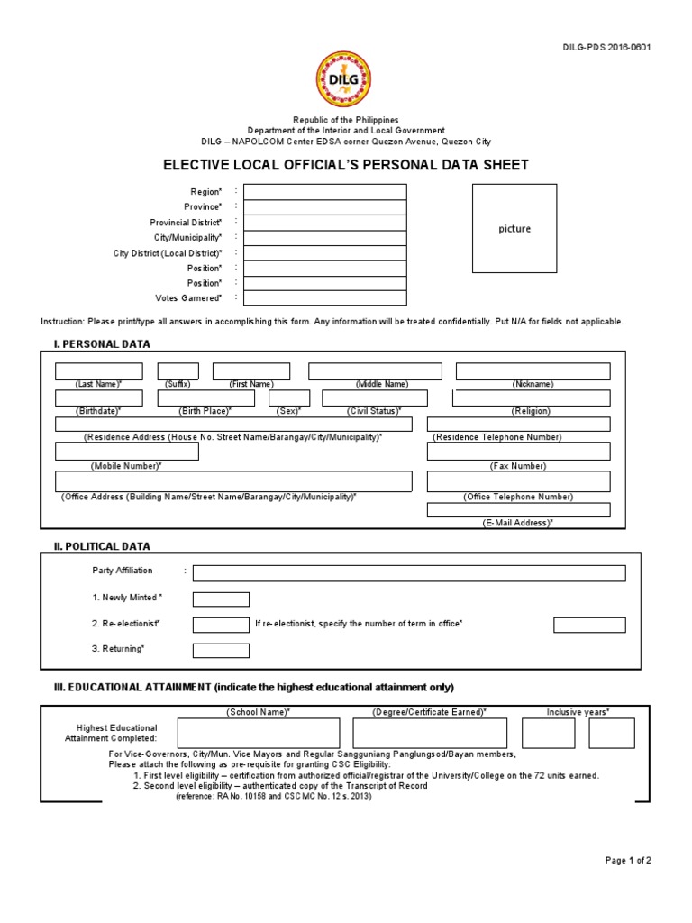 Elective Local Official'S Personal Data Sheet: Picture | PDF | Government