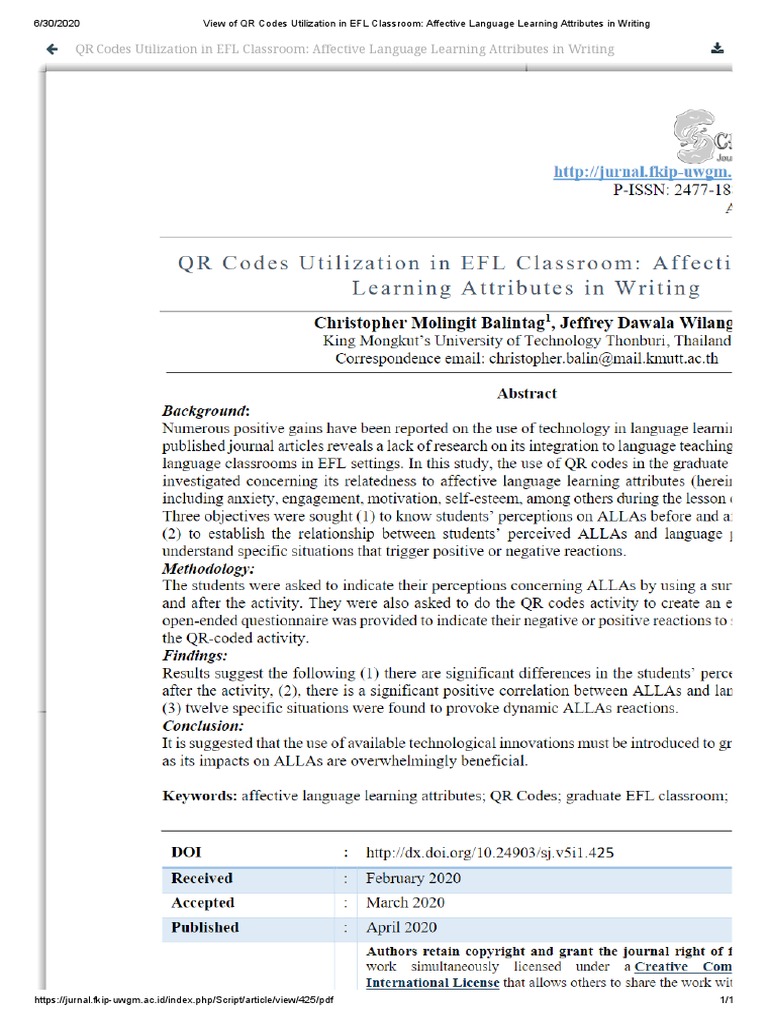 View of QR Codes Utilization in EFL Classroom - Affective Language ...