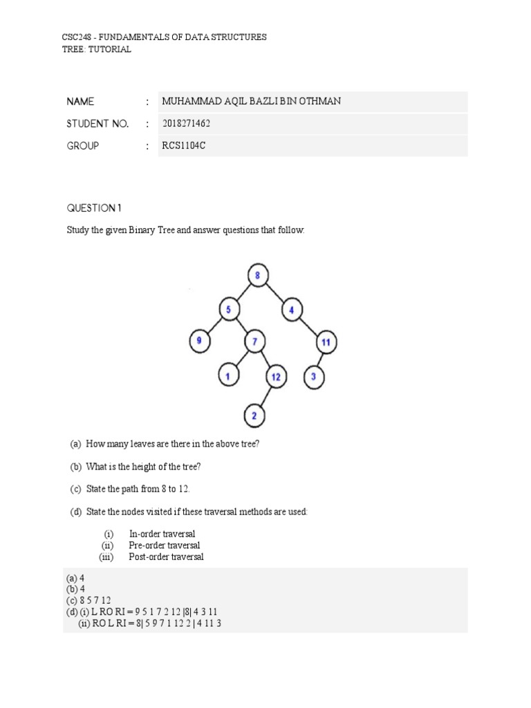 Name: Student No.: Group:: Csc248 - Fundamentals of Data Structures Tree: Tutorial | PDF
