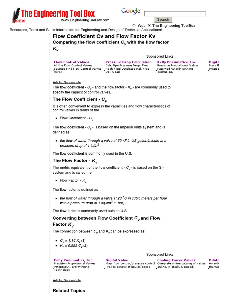 Flow Coefficient CV and Flow Factor KV | Download Free PDF | Valve ...