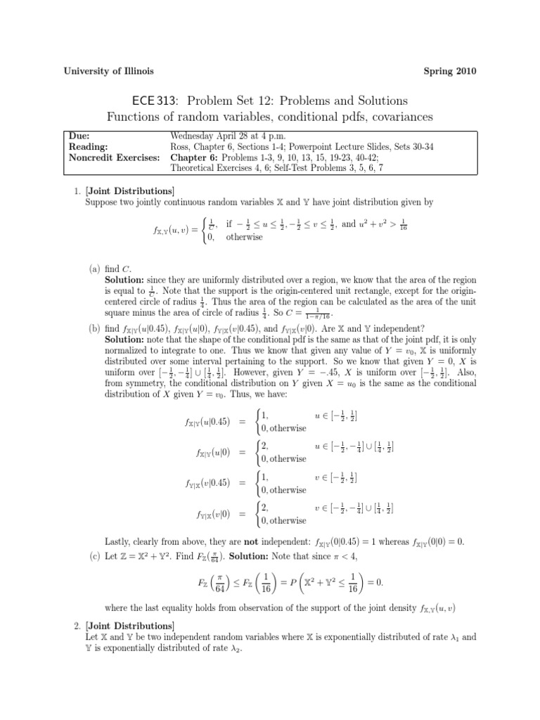 ECE 313: Problem Set 12: Problems and Solutions Functions of Random Variables, Conditional PDFS ...