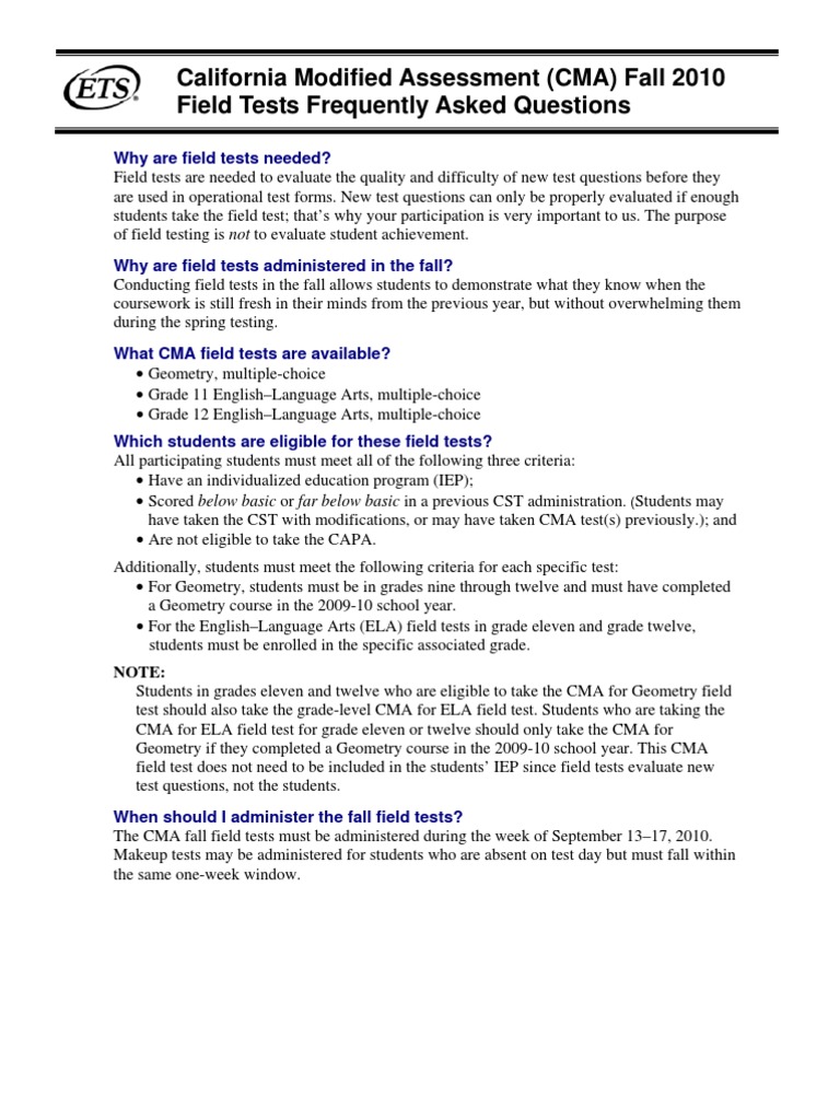 California Modified Assessment (CMA) Fall 2010 Field Tests Frequently ...