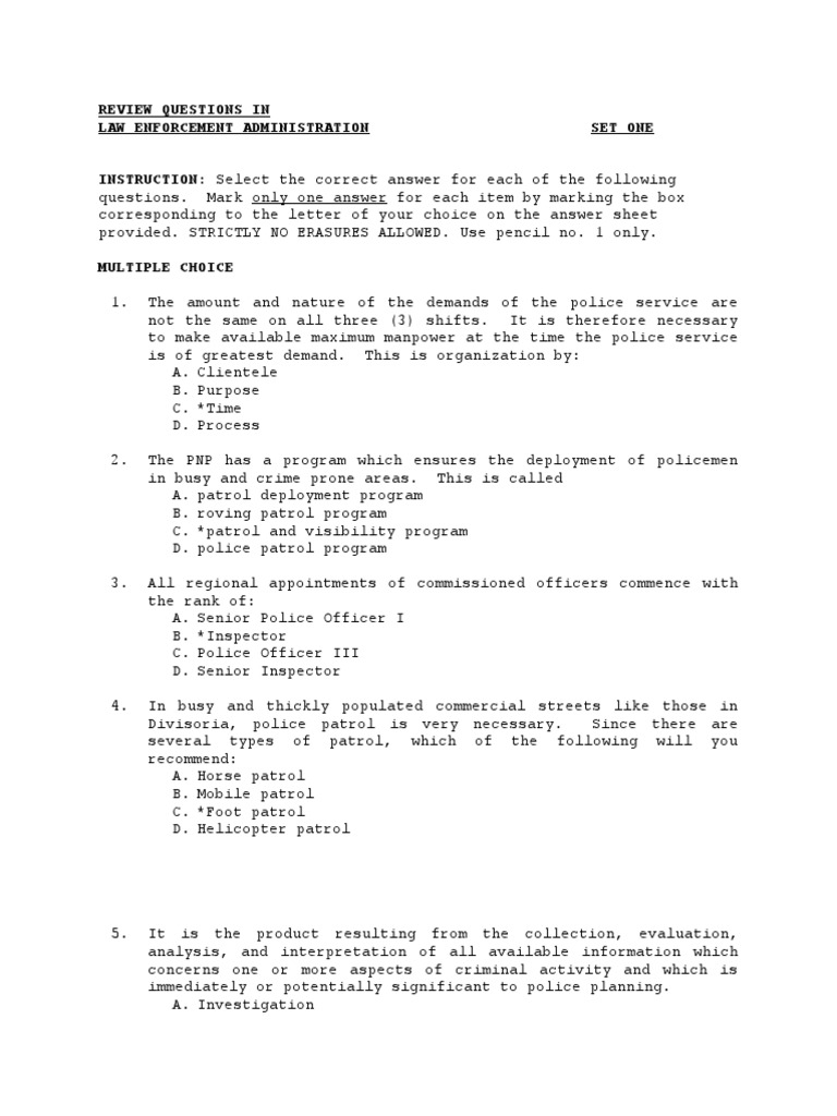 Review Questions in Law Enforcement Administration Set One INSTRUCTION ...