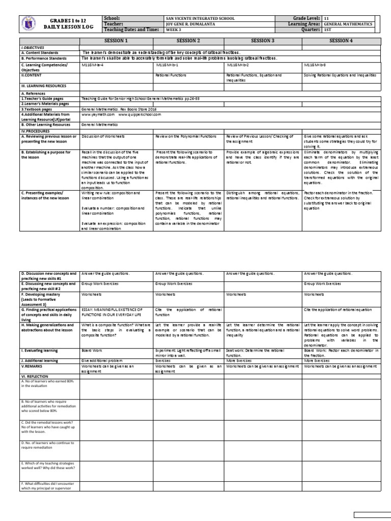 GRADES 1 To 12 Daily Lesson Log Session 1 Session 2 Session 3 Session 4 | PDF | Equations ...