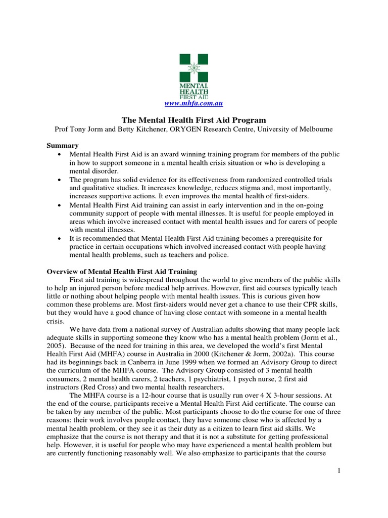 Summary - MHFA - March - 08 PDF | PDF | Mental Disorder | Mental Health