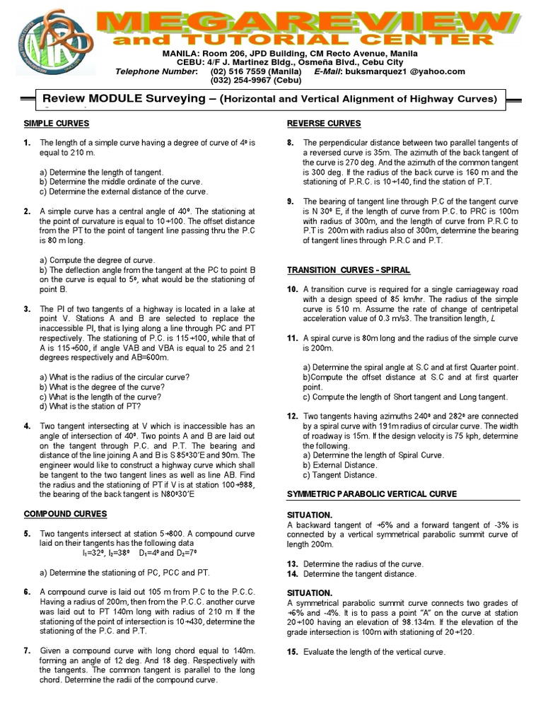 Review MODULE Surveying - (Curves) : Horizontal and Vertical Alignment of Highway Curves ...
