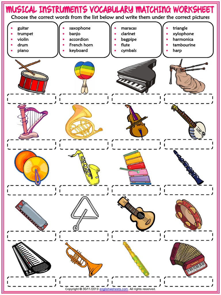Musical Instruments Vocabulary Esl Matching Exercise Worksheet For Kids ...