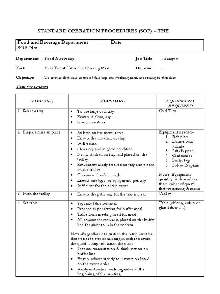 Standard Operation Procedures (Sop) - The Food and Beverage Department ...