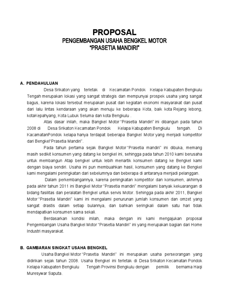 Proposal Pengembangan Bengkel Motor | PDF | Bisnis