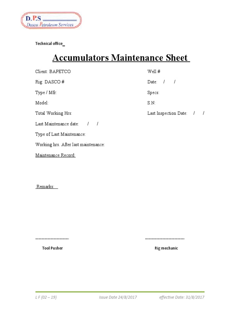 Accumulators Maintenance Sheet | PDF