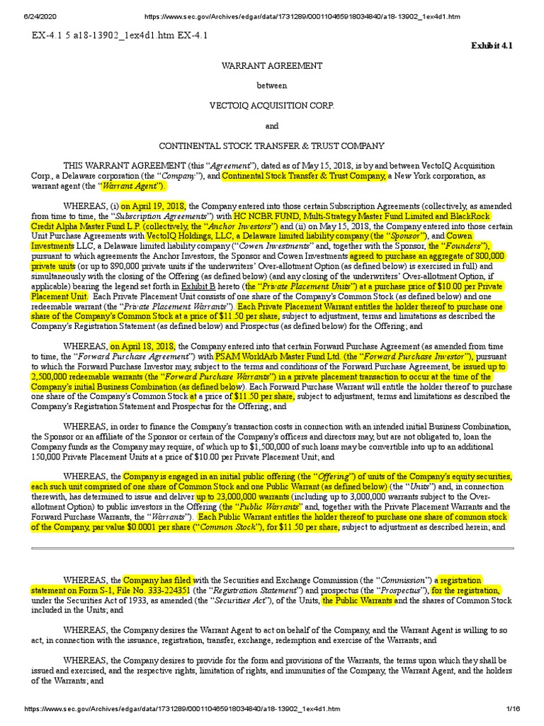 NKLA Warrant Agreement | PDF | Warrant (Finance) | Stocks