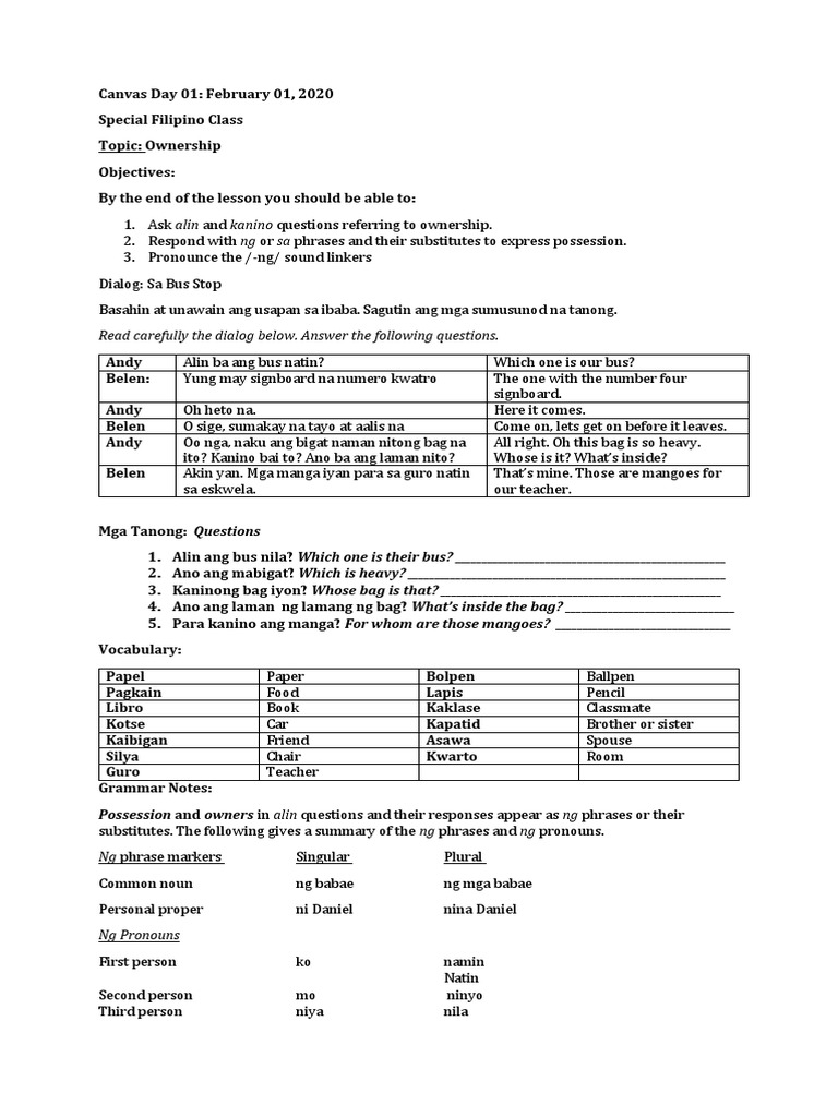 Filipino Ownership Lesson | PDF | Syntax | Symbols