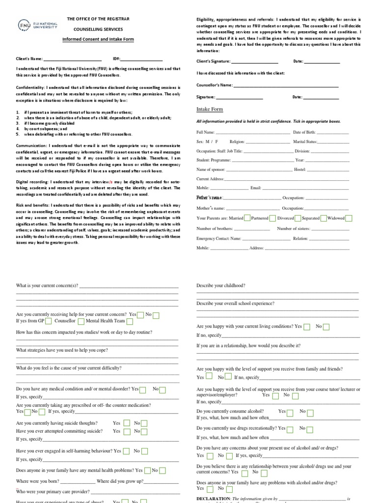 Counselling Services Informed Consent and Intake Form: The Office of ...