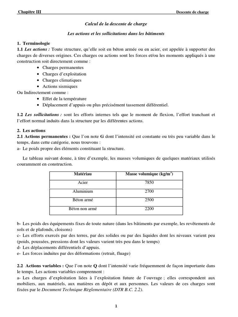 Chapitre III Descente de Charge Et Charges Et Surcharges Serie D Exos PDF | PDF | Obliger | Densité