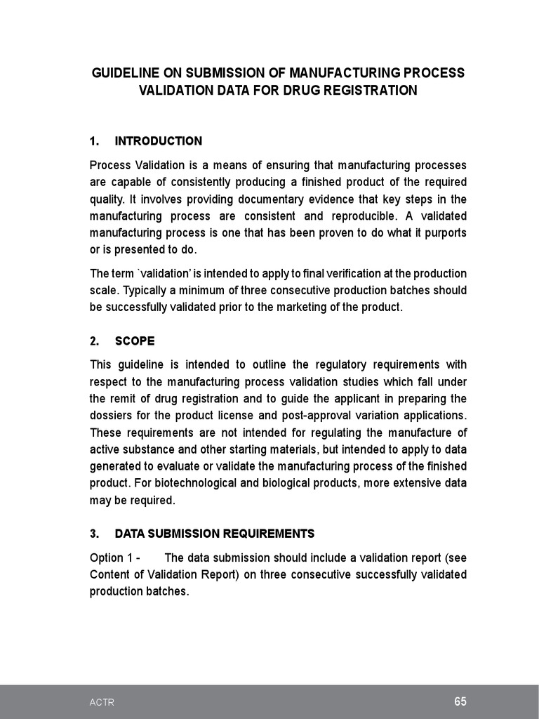 Guideline On Submission of Manufacturing Process Validation Data For Drug Registration | PDF ...