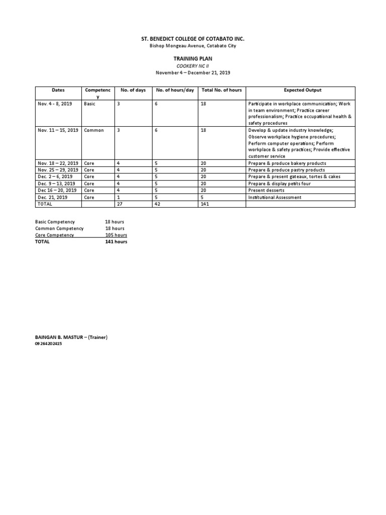 Training Plan Cookery Pdf Business Labour