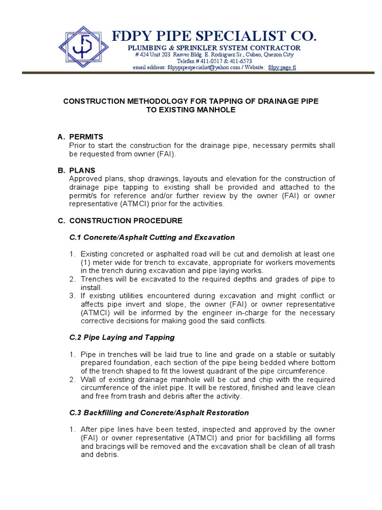 Construction Methodology For RCP Pipe Laying Tapping To Exixting | PDF ...