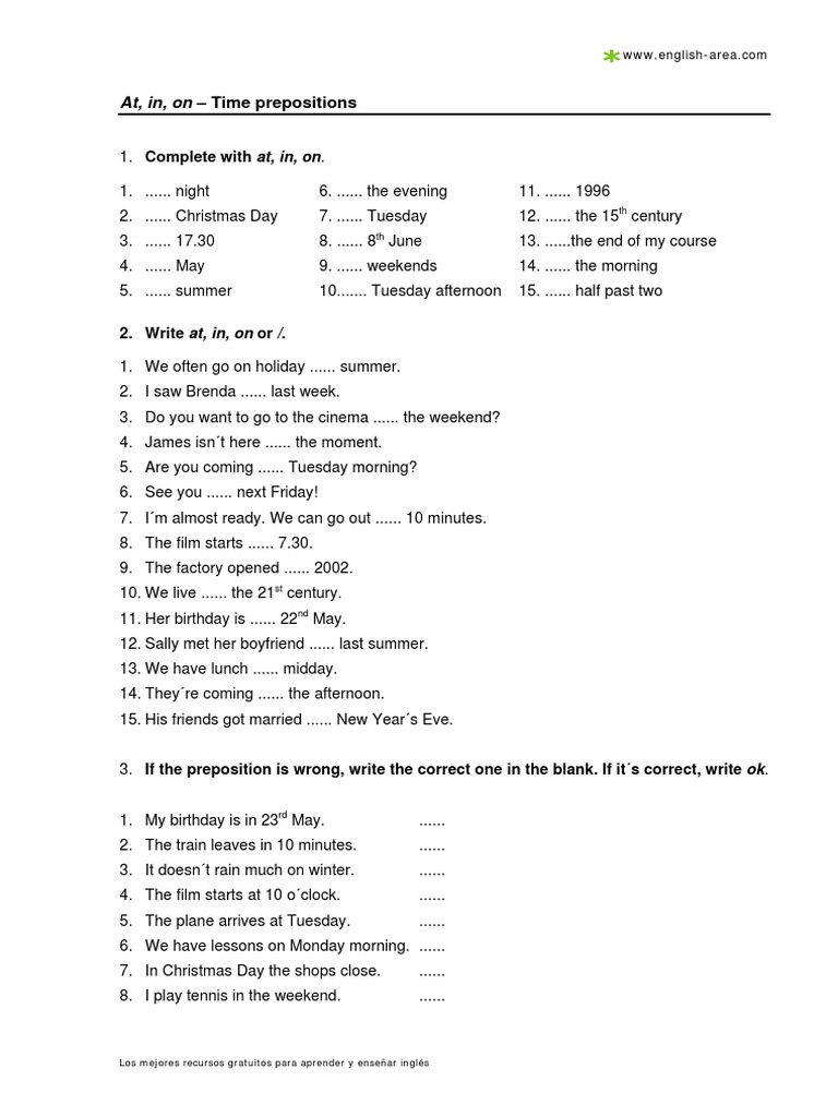 At, In, On - Time Prepositions | PDF | Observances | Festival