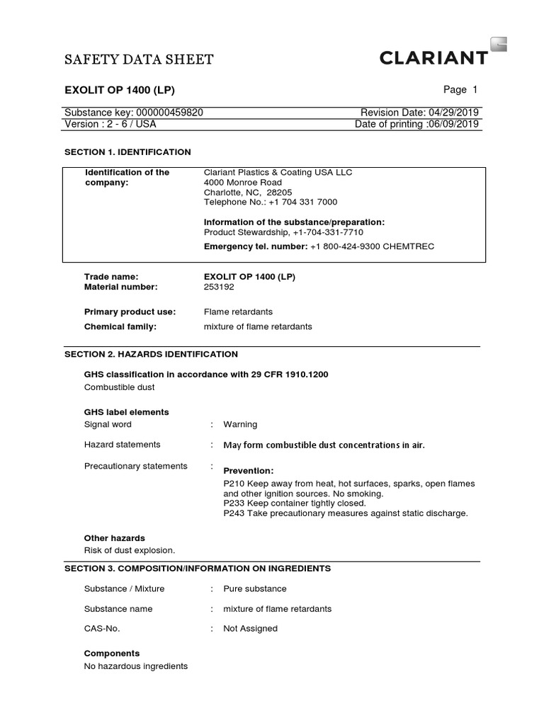 EXOLIT OP 1400 (LP) - SDS (Self-ignition-340C; Particle size-14 μm (Median value) ) | Download ...