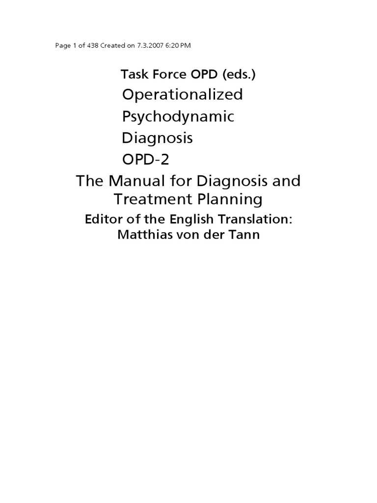 Opd Task Force Operationalized Psychodynamic Diagnosis OPD 2 - Manual ...