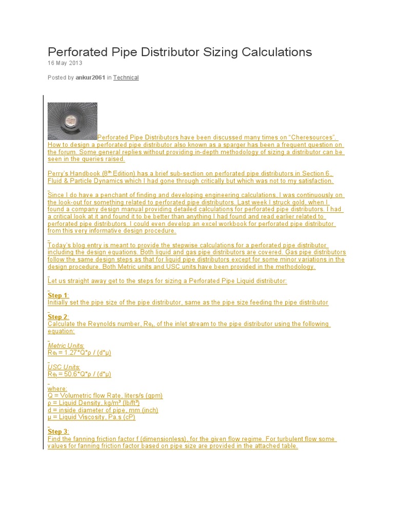 Perforated Pipe Distributor Sizing Calcu | PDF | Fluid Dynamics | Gas ...