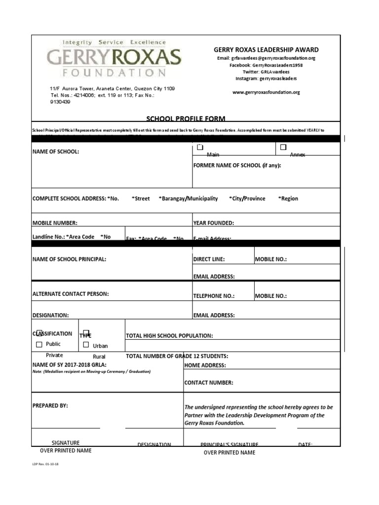 School Profile Form: Gerry Roxas Leadership Award | Download Free PDF ...
