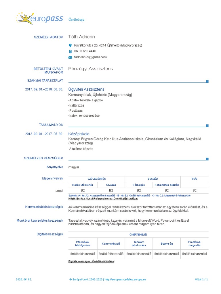 CV Europass 20200602 Tóth HU | PDF