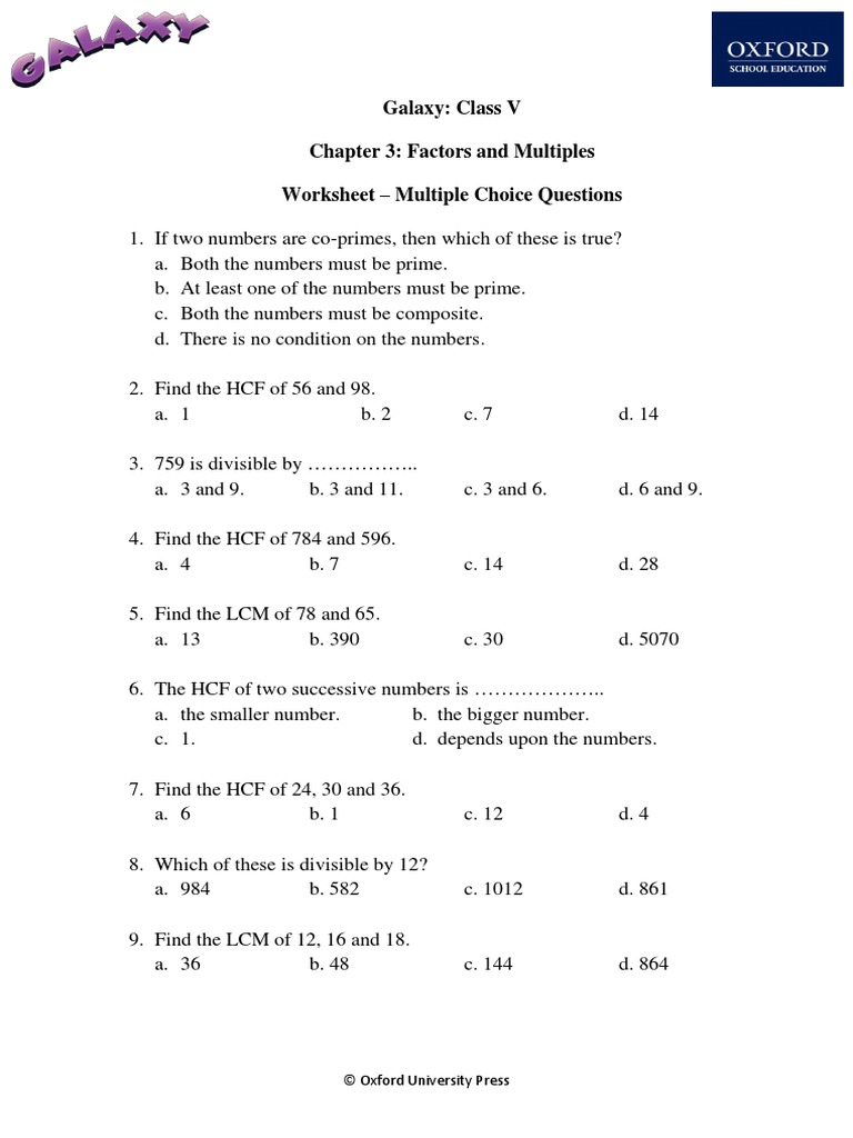 Galaxy: Class V Chapter 3: Factors and Multiples Worksheet – Multiple ...