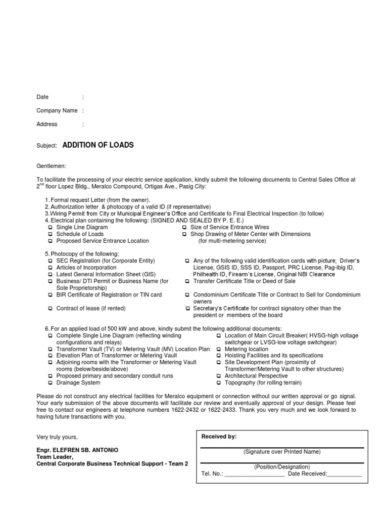 Additional Loads Request Letter PDF | PDF | Transformer | Identity Document