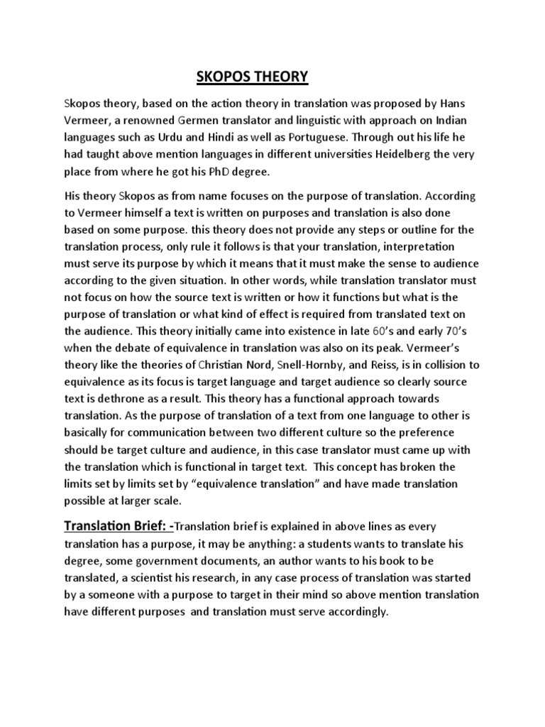 Skopos Theory: Translation Brief | PDF | Translations | Linguistics