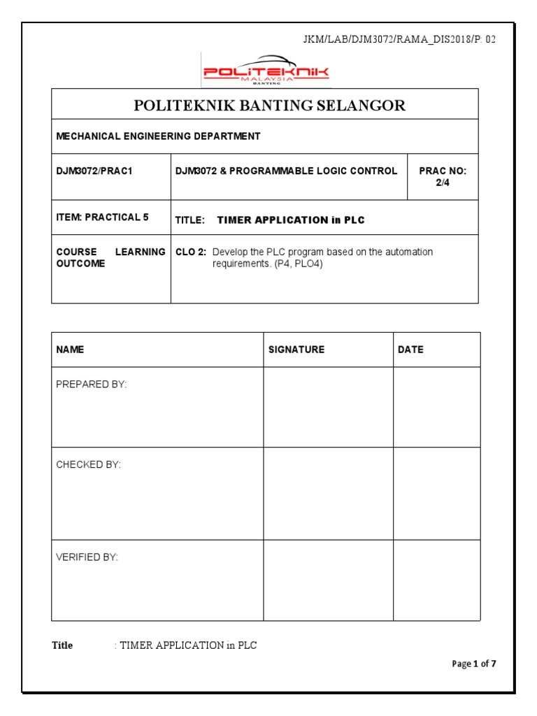 Lab Sheet 2 (Timer Application in PLC) | PDF | Programmable Logic ...