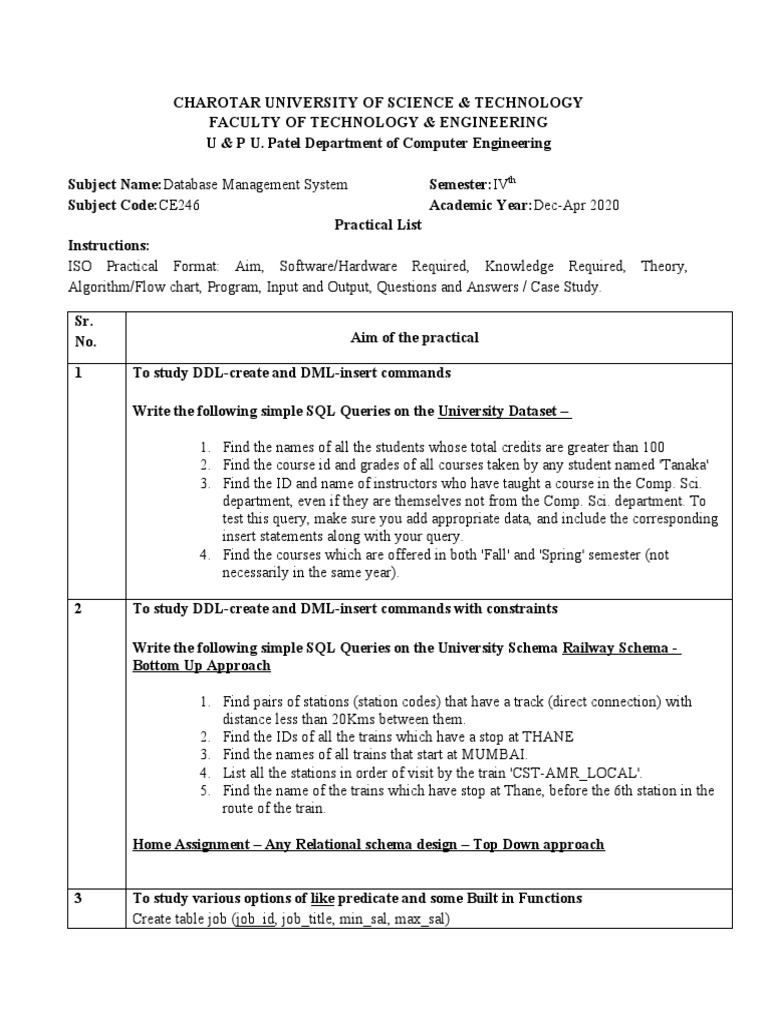 4sem CE246 DBMS Practical List 2019-20 | PDF | Pl/Sql | Subroutine