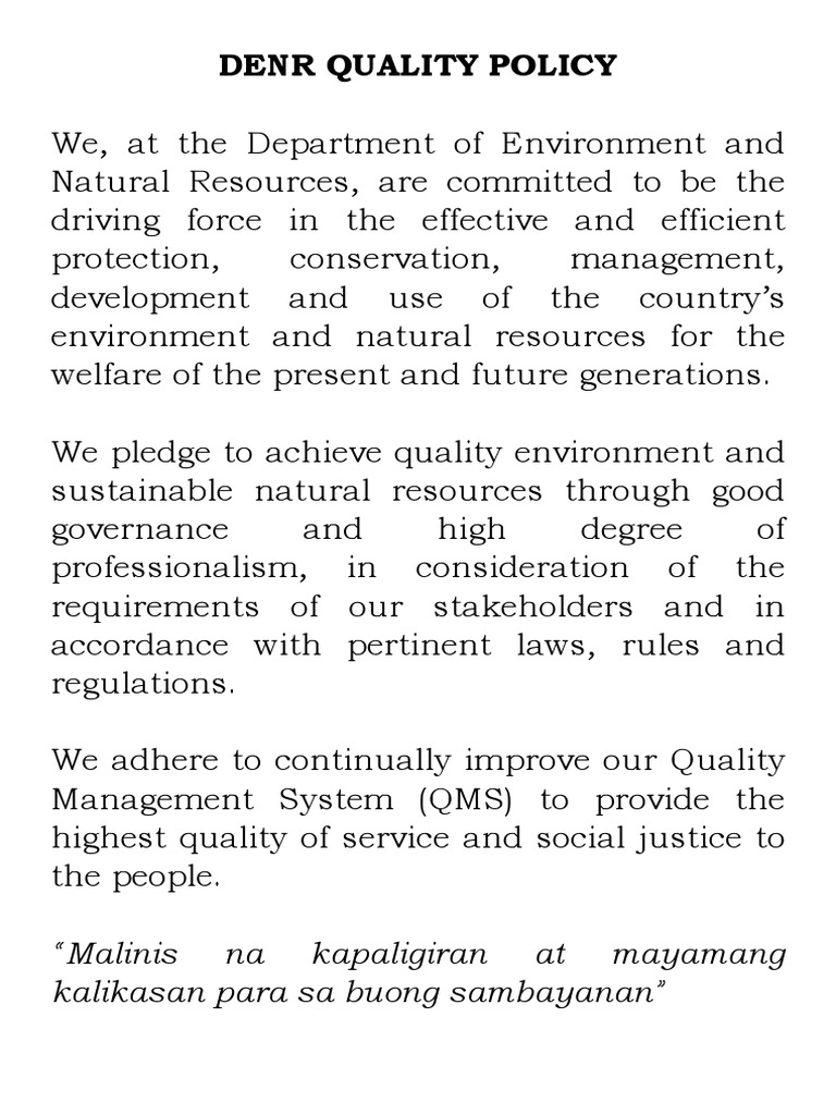 DENR Quality Policy Commitment 2024 | PDF | Science & Mathematics ...