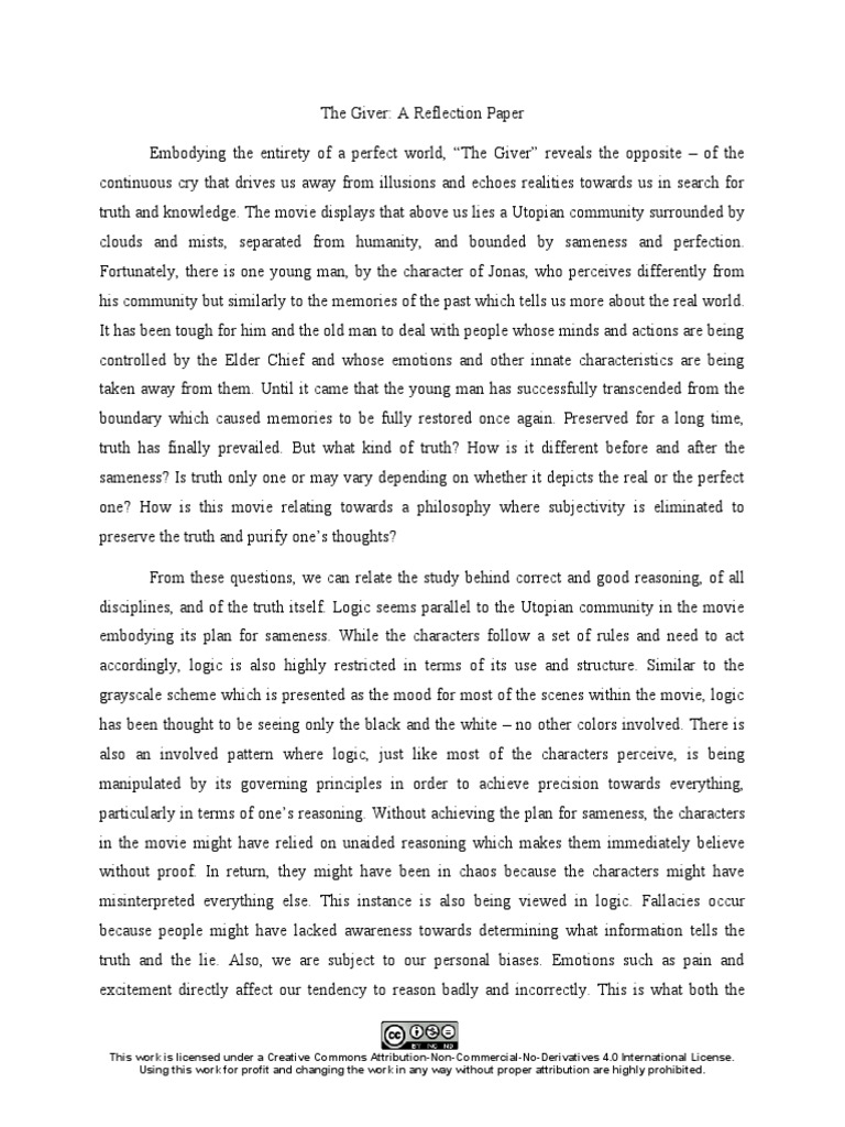 The Giver Reflection | PDF | Reason | Truth