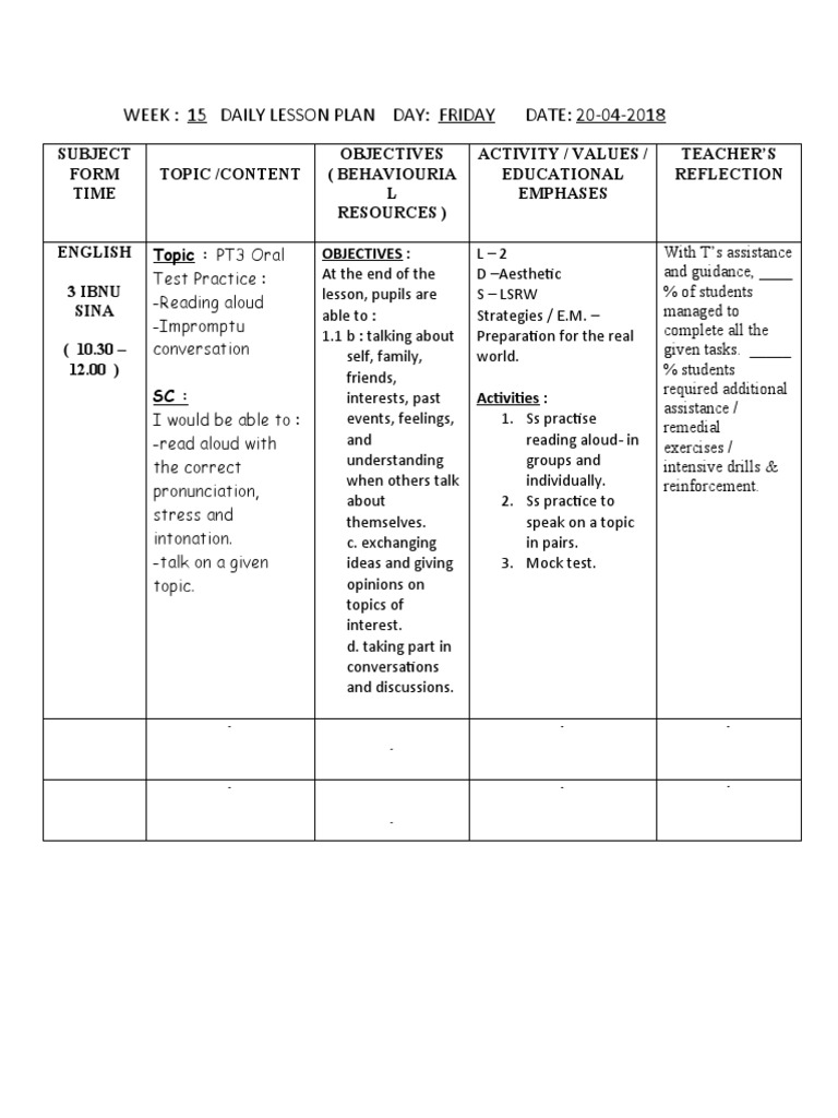Lesson Plan Form 3 2018 - Week 13 | PDF | Reading Comprehension | Speed Reading
