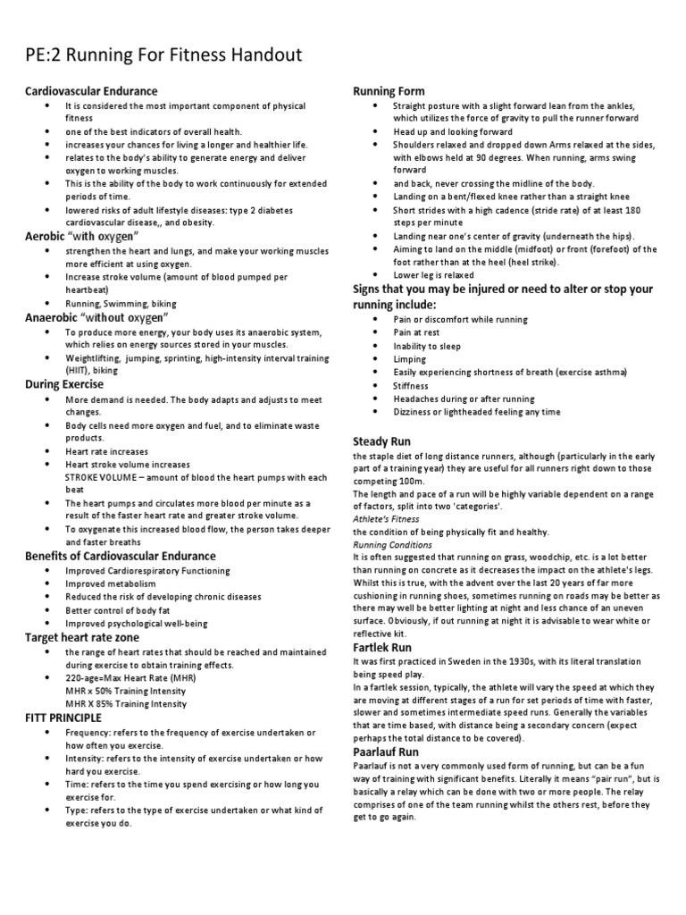 PE:2 Running For Fitness Handout | PDF | Running | Physical Fitness