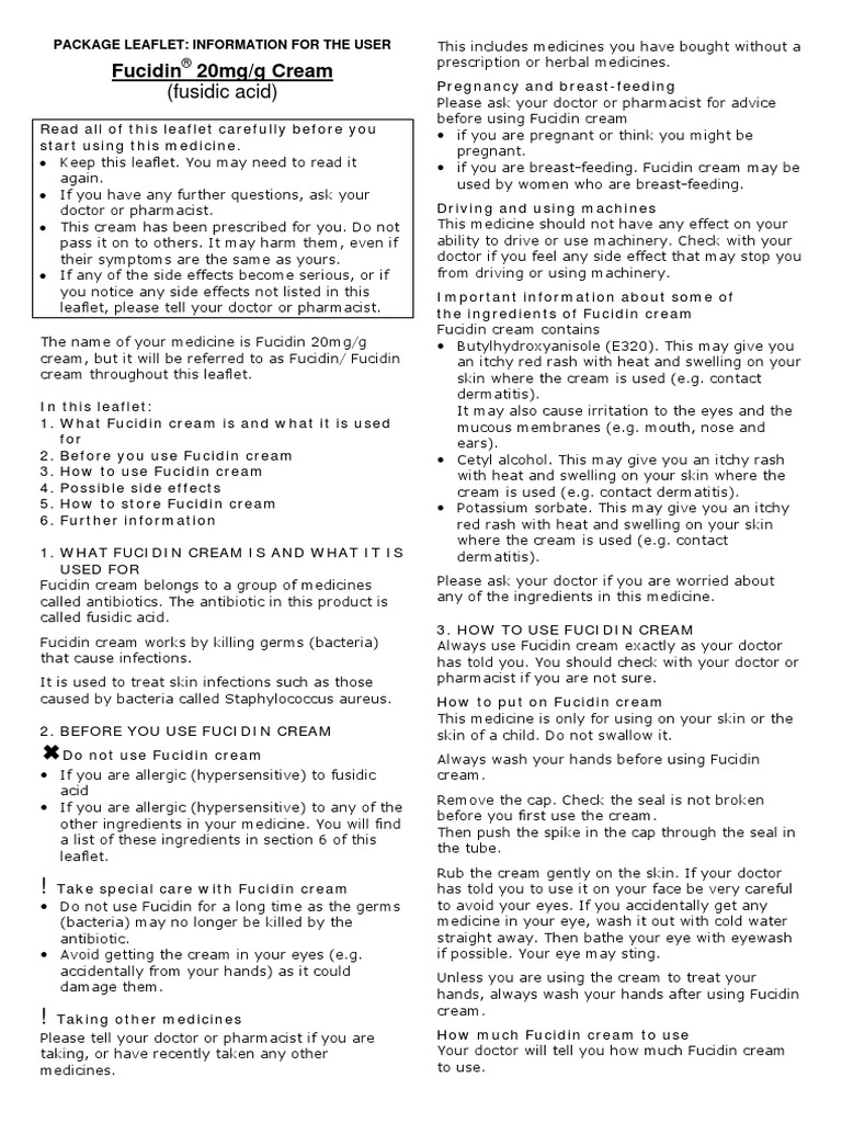 20mg/g Cream (Fusidic Acid) : Fucidin | PDF | Dermatitis | Allergy