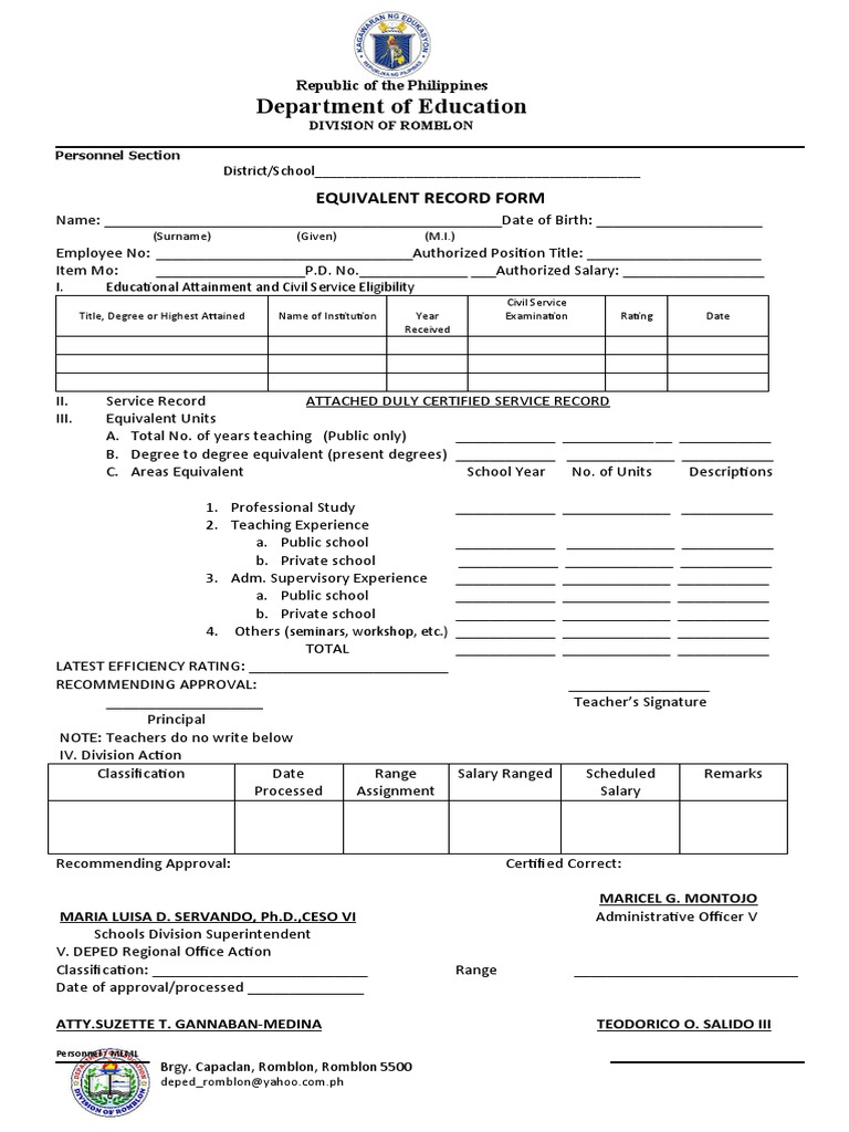 Department of Education: Equivalent Record Form | PDF | Teachers | Government