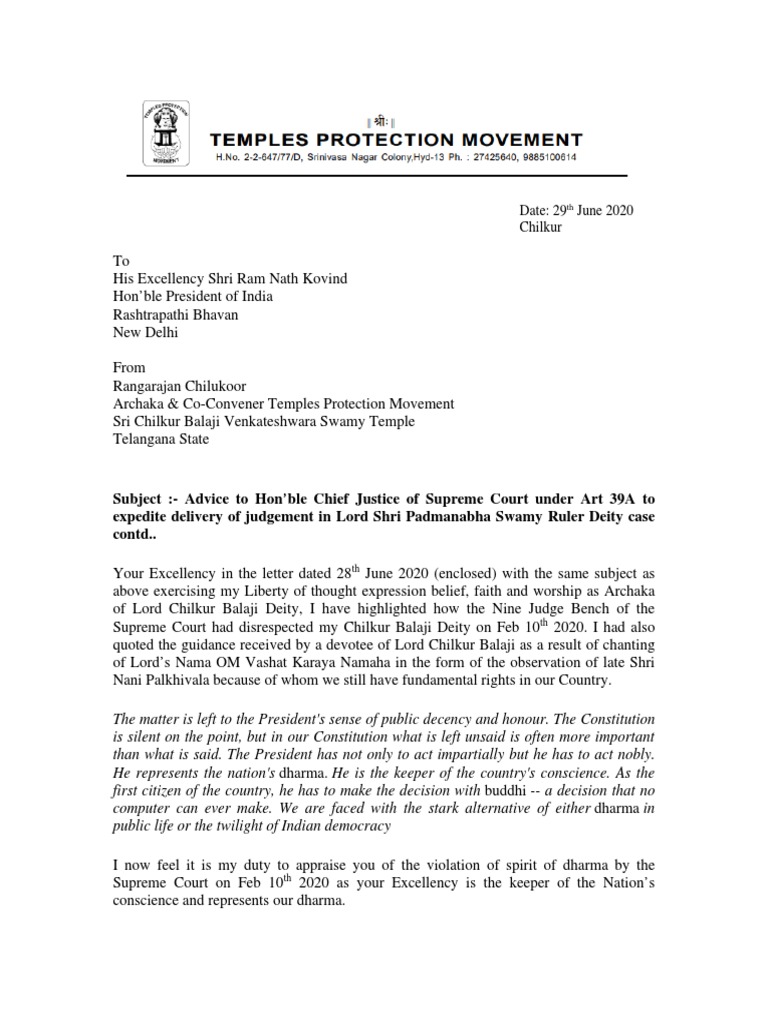 Letter To His Excellency President of India 29th June 2020 | PDF ...