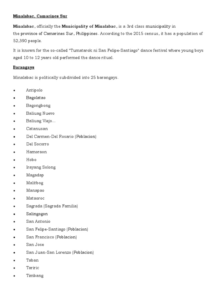 Municipality Province of Camarines Sur, Philippines: Minalabac ...