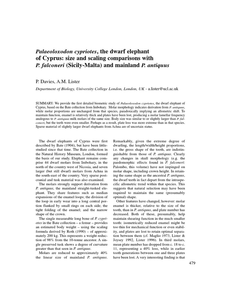 Palaeoloxodon Cypriotes, The Dwarf Elephant of Cyprus: Size and Scaling ...
