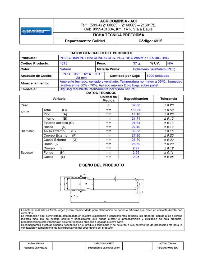 Ficha Técnica de Preforma PET 37g | PDF | Naturaleza