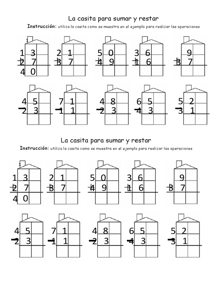 La casita para sumar y restar con ejemplos | PDF