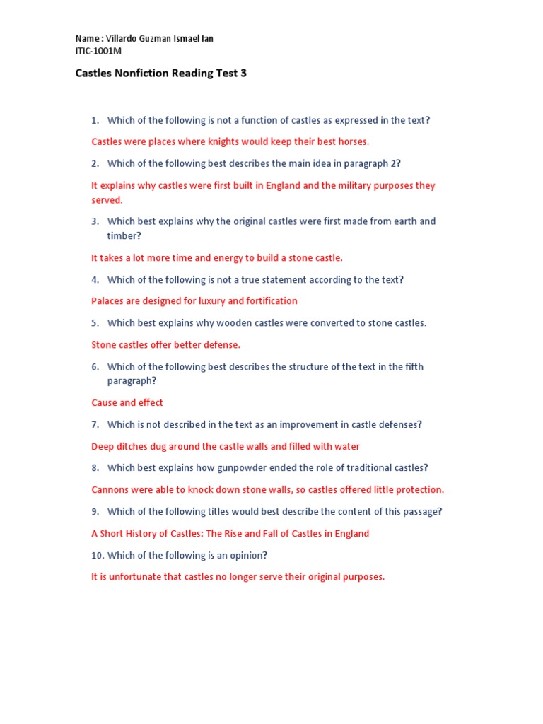 Castles Nonfiction Reading Test 3: Name: Villardo Guzman Ismael Ian ...