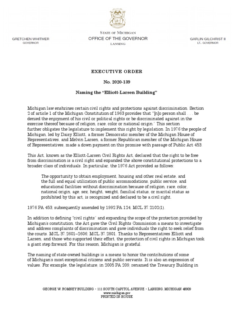 EO 2020-139 Elliott-Larsen Building | PDF | Human Rights | Rights