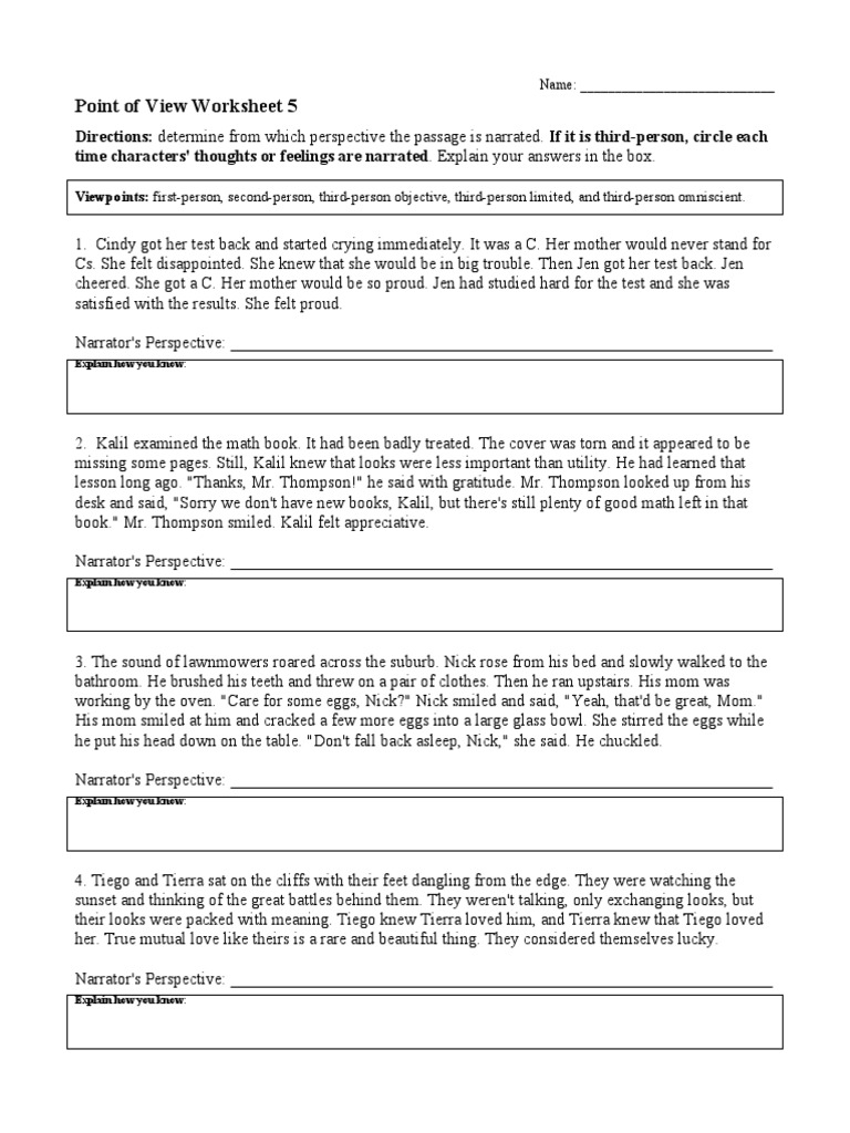 Point of View Worksheet 5 Activities | PDF | Narration