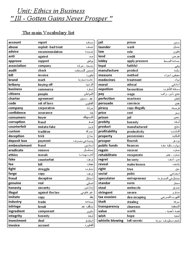 Main Vocabulary List - Ethics in Business | PDF | Business Law | Public ...