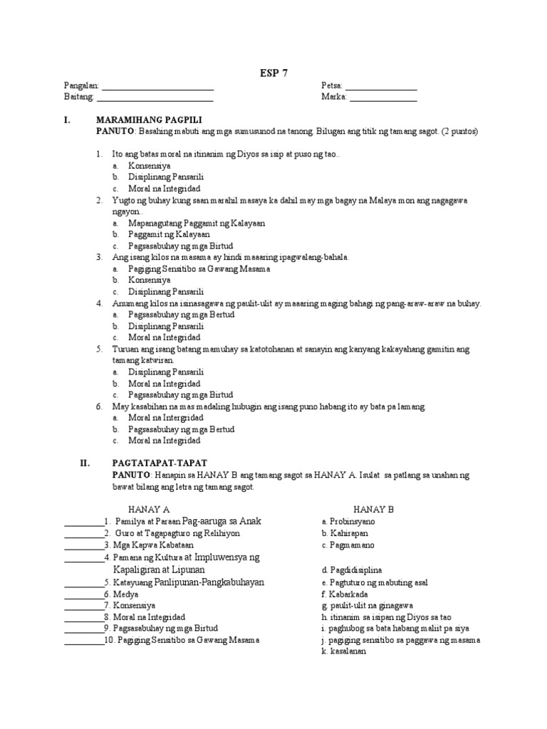 3RD Grading Esp Exam | PDF