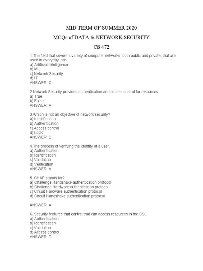 Data & Network Security MCQs 2020 | PDF | Encryption | Cryptography